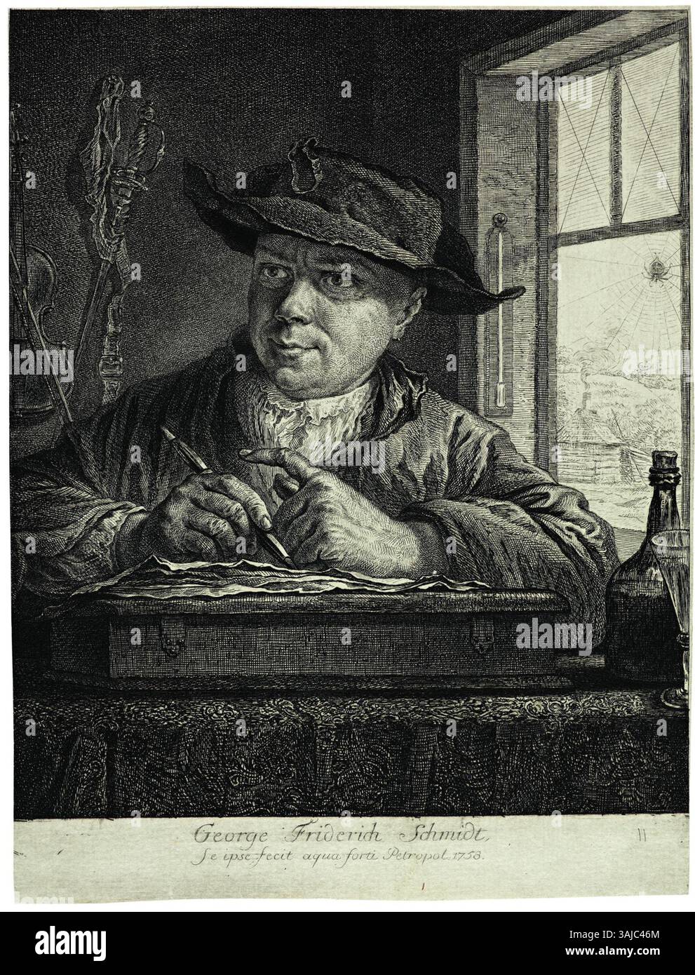 Georg Friedrich Schmidt’s *Self-Portrait* (1758) is a detailed etching ...