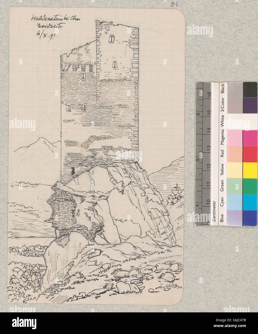 This 1891 drawing by Johann Rudolf Rahn depicts the northern view of the Haldenstein Castle ruin ...