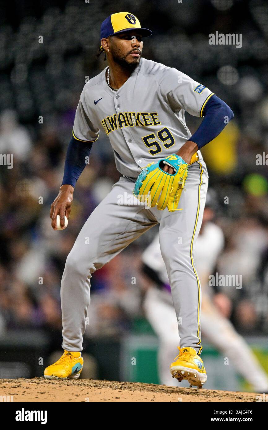 DENVER, CO - APRIL 9: Milwaukee Brewers pitcher Elvis Peguero (59 ...