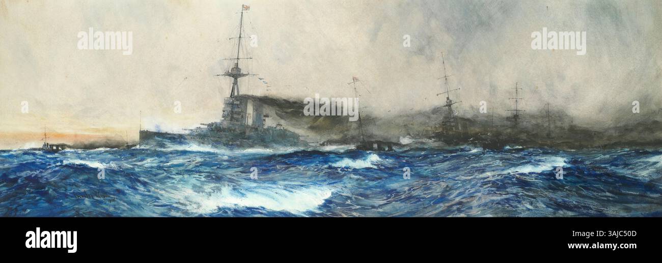 The 1915 painting by Charles Dixon shows HMS Iron Duke leading a fleet ...