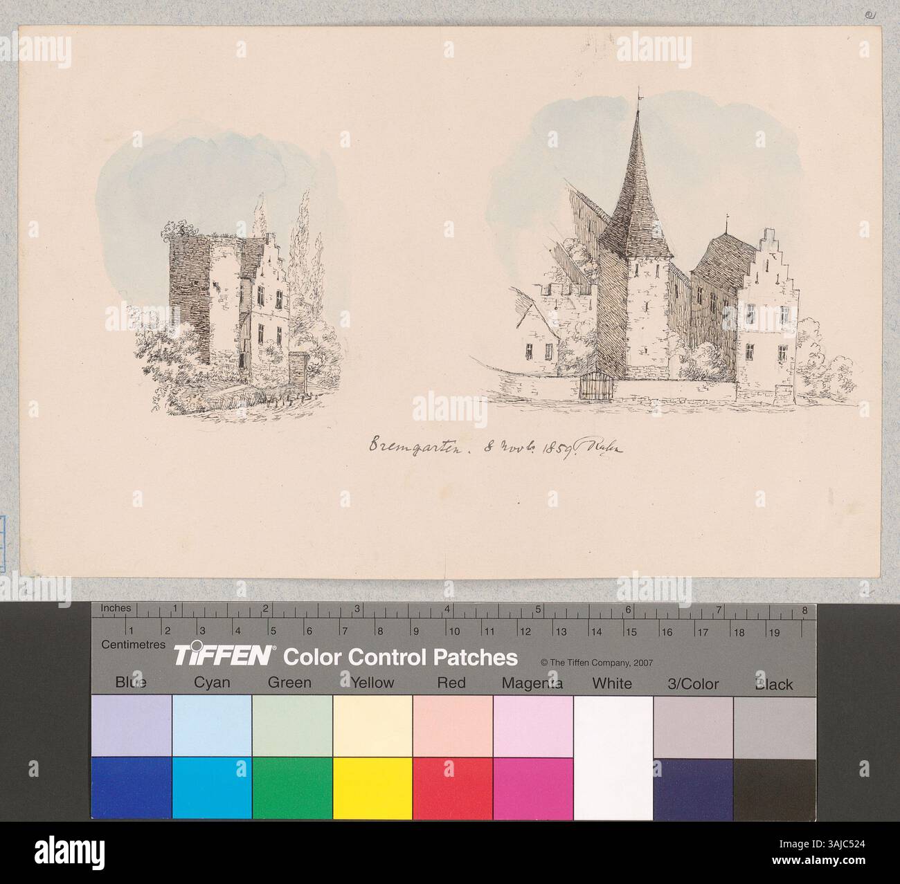 The artwork by Johann Rudolf Rahn (1859) depicts the Katzenturm and the ...