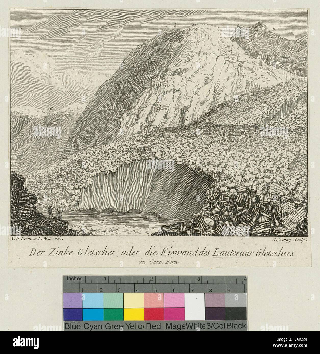 This print from 1760 features the Zinke Glacier or the ice wall of ...
