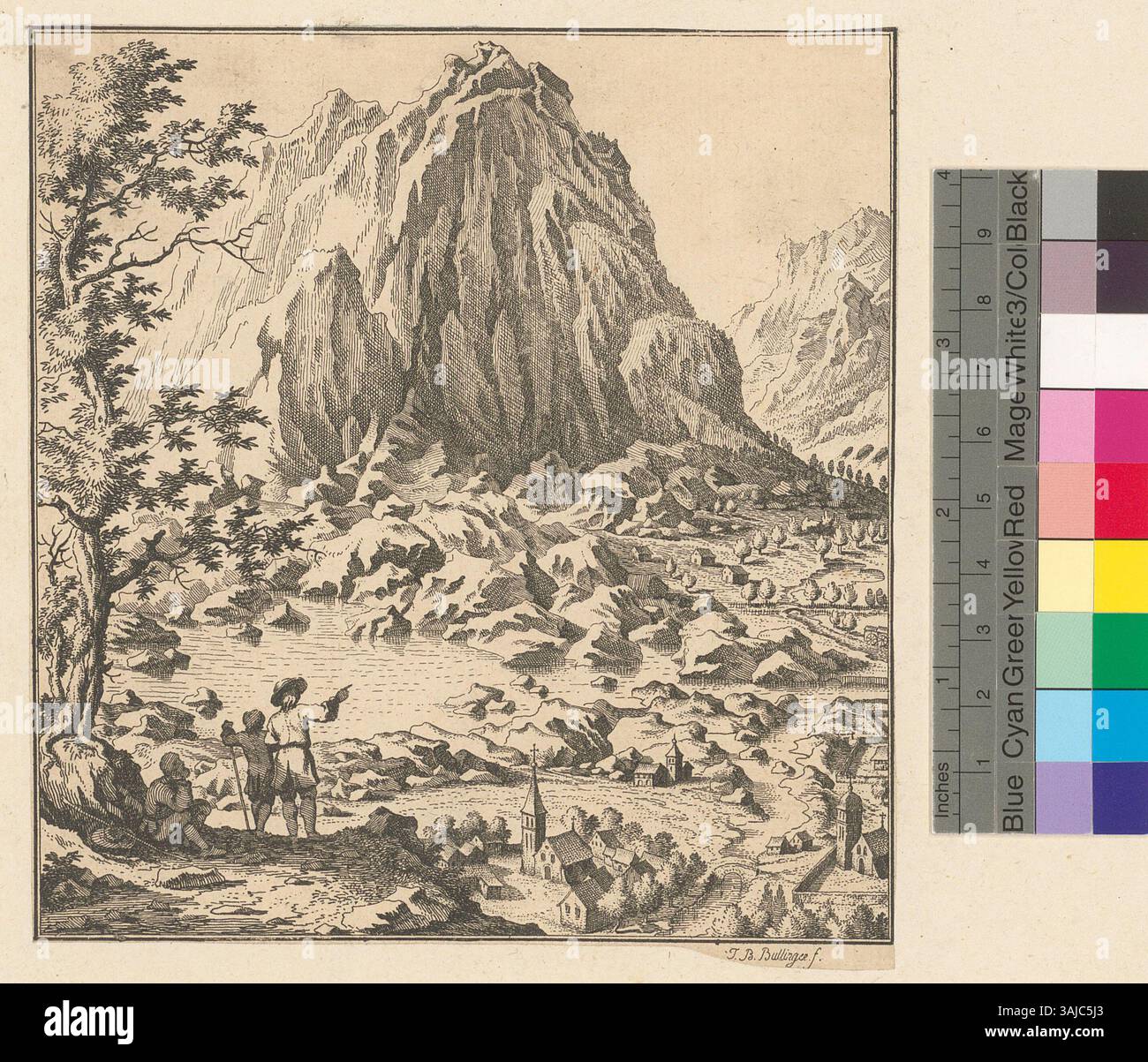 Etching from 1770 depicting a view of Plurs, a small village in the ...