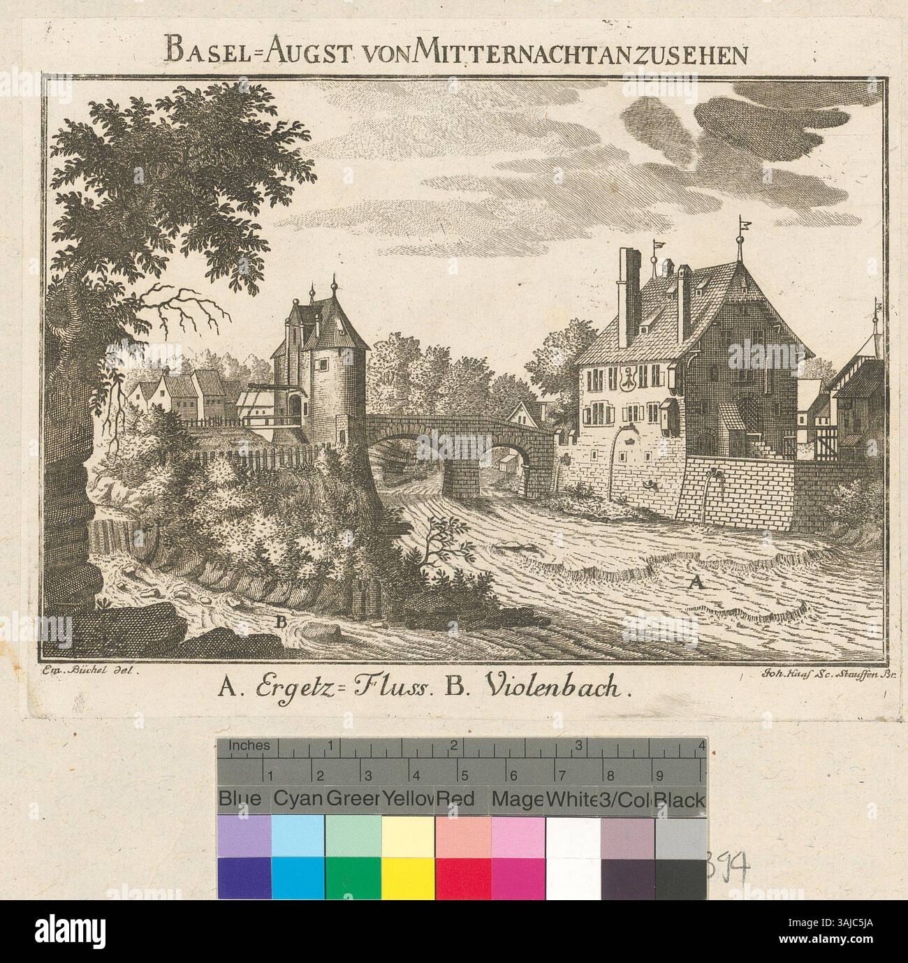 A 1763 etching by Emanuel Büchel, depicting Basel-Augst at midnight ...