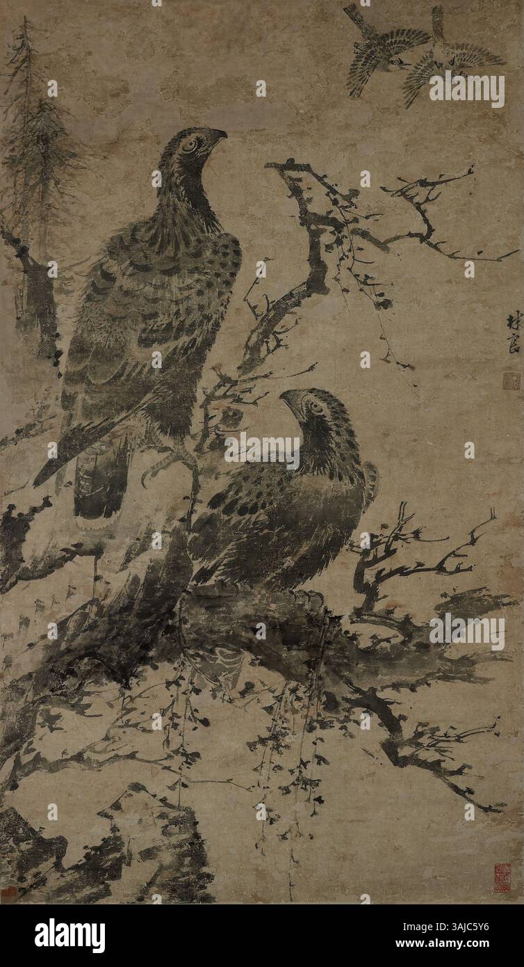 Lin Liang's 'Eagles,' painted with ink on paper, features the powerful ...