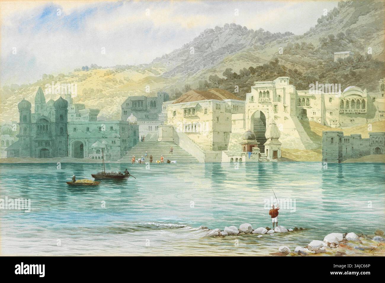 The painting depicts the sacred bathing ghat at Hardwar, India, in 1899 ...