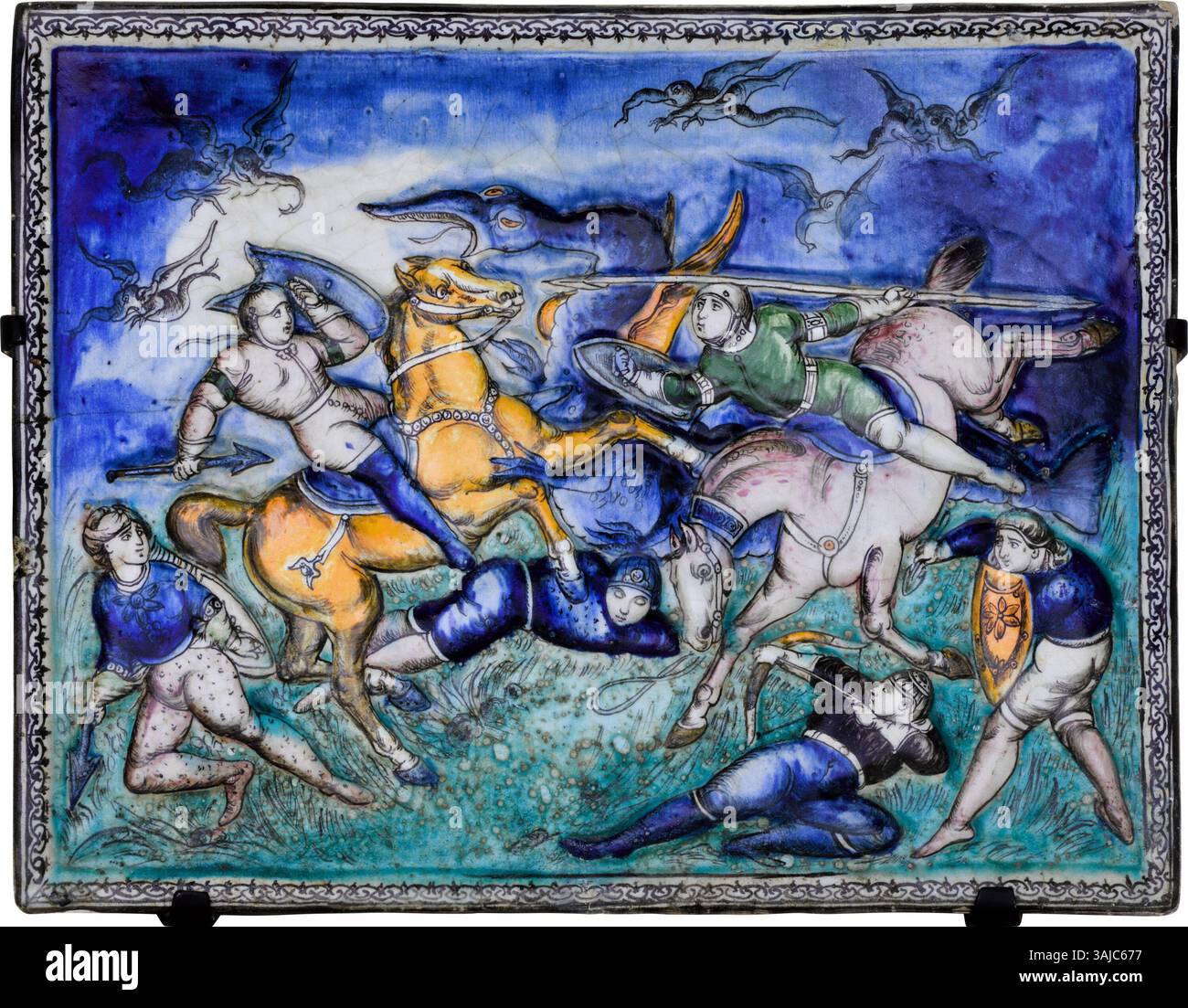 This 19th-century Qajar tile is made in the Maiolica style, depicting a ...