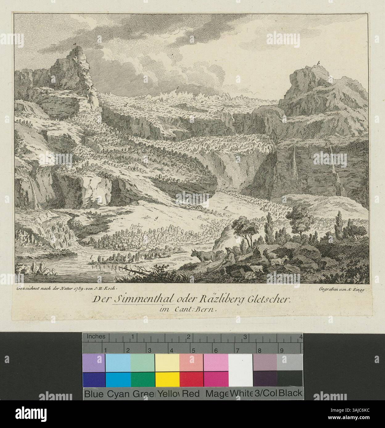 This engraving shows the Simmenthal or Räzliberg Glacier in the Bernese Alps, as part of the ...