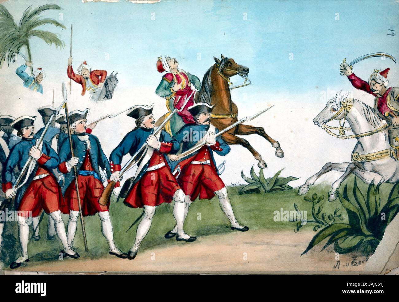 The scene illustrates soldiers from the Salis Regiment repelling ...