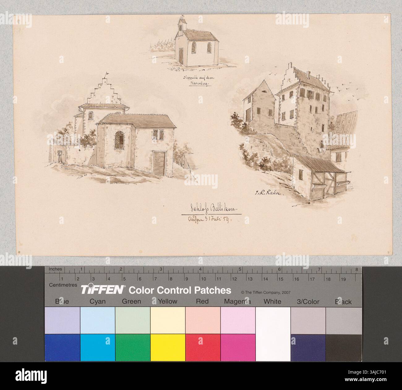 This image depicts two exterior views of Schloss Bellikon, a historical ...