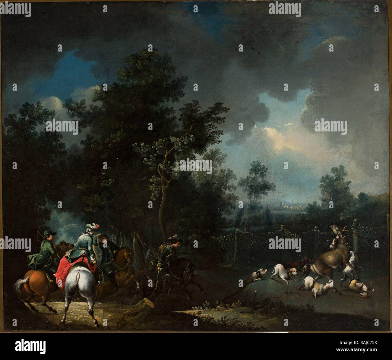 This 18th-century painting depicts a scene of deer hunting set in a ...