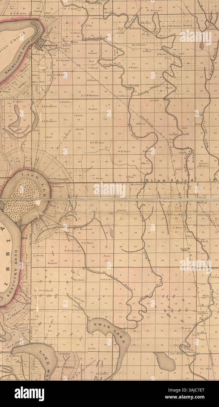 A detailed 1871 map of Washington County, Mississippi, showing land ...