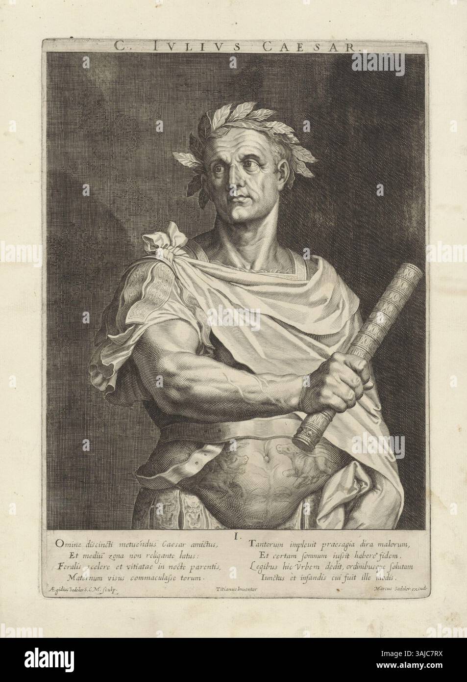 This engraving by Aegidius Sadeler, created between 1597 and 1629, depicts Emperor Julius Caesar ...