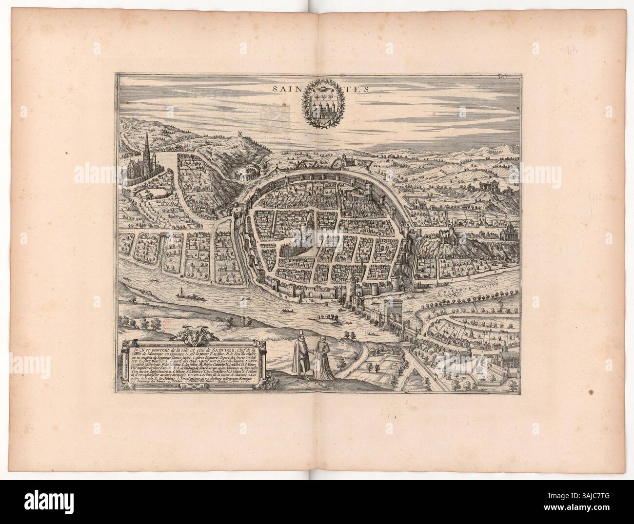 This 1640 map shows a bird’s-eye view of Saintes, France, and includes ...