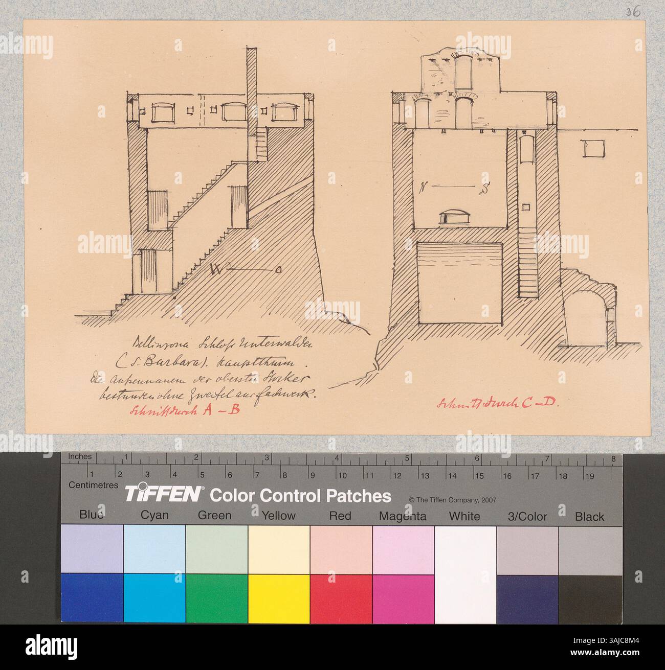 Two cross-sections of the main tower of the Castello di Sasso Corbaro ...