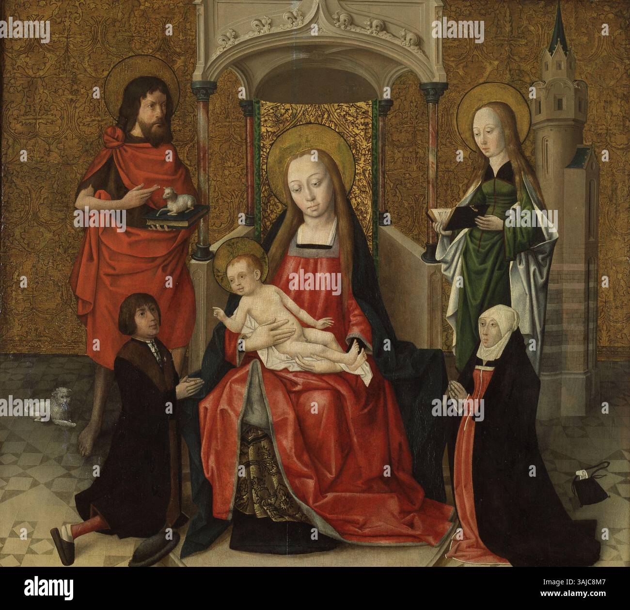 This late 15th-century oil painting shows the Virgin Mary and Child, John the Baptist, Saint ...