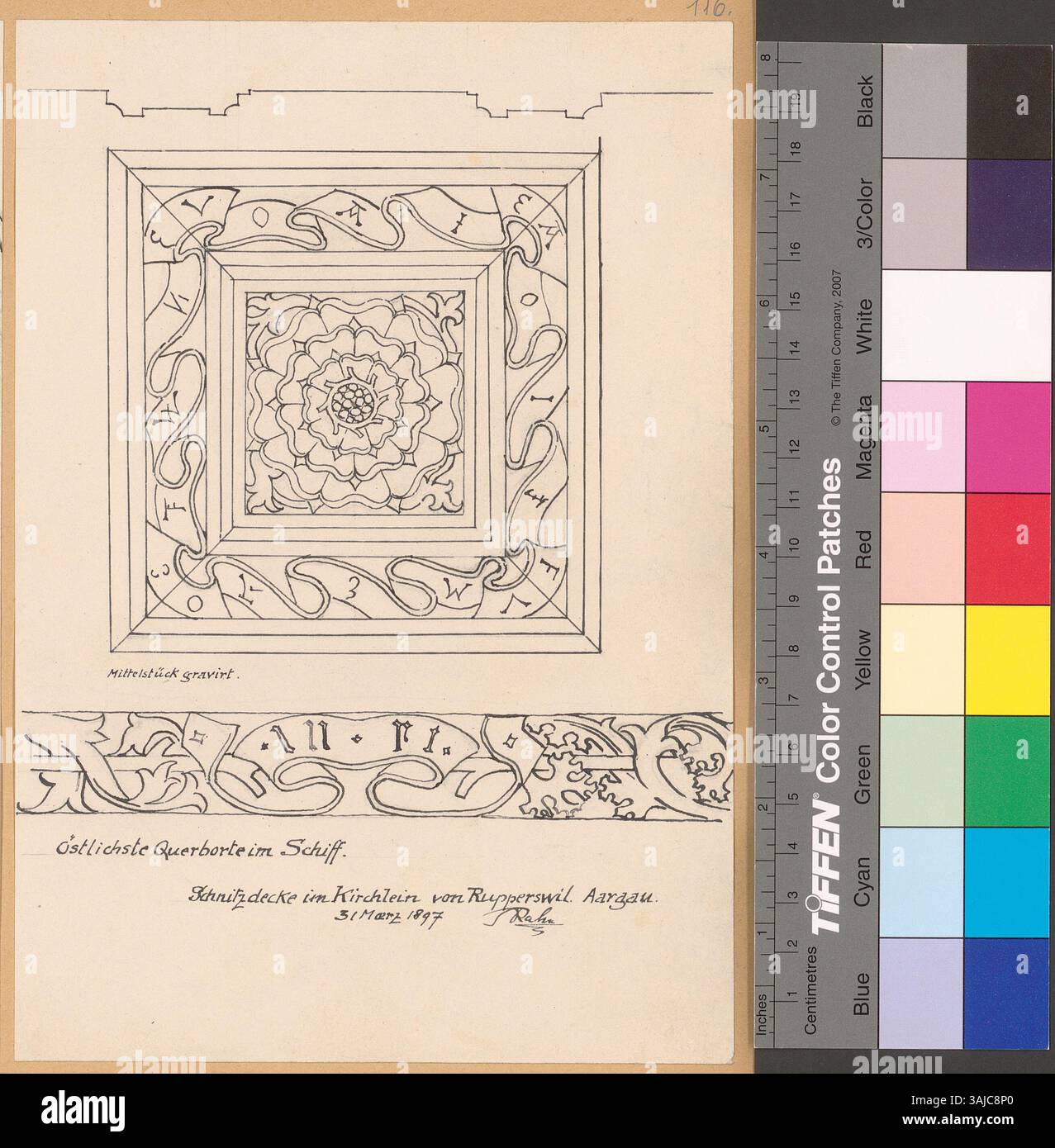 The image shows two sections of the wooden carvings on the ceiling of ...