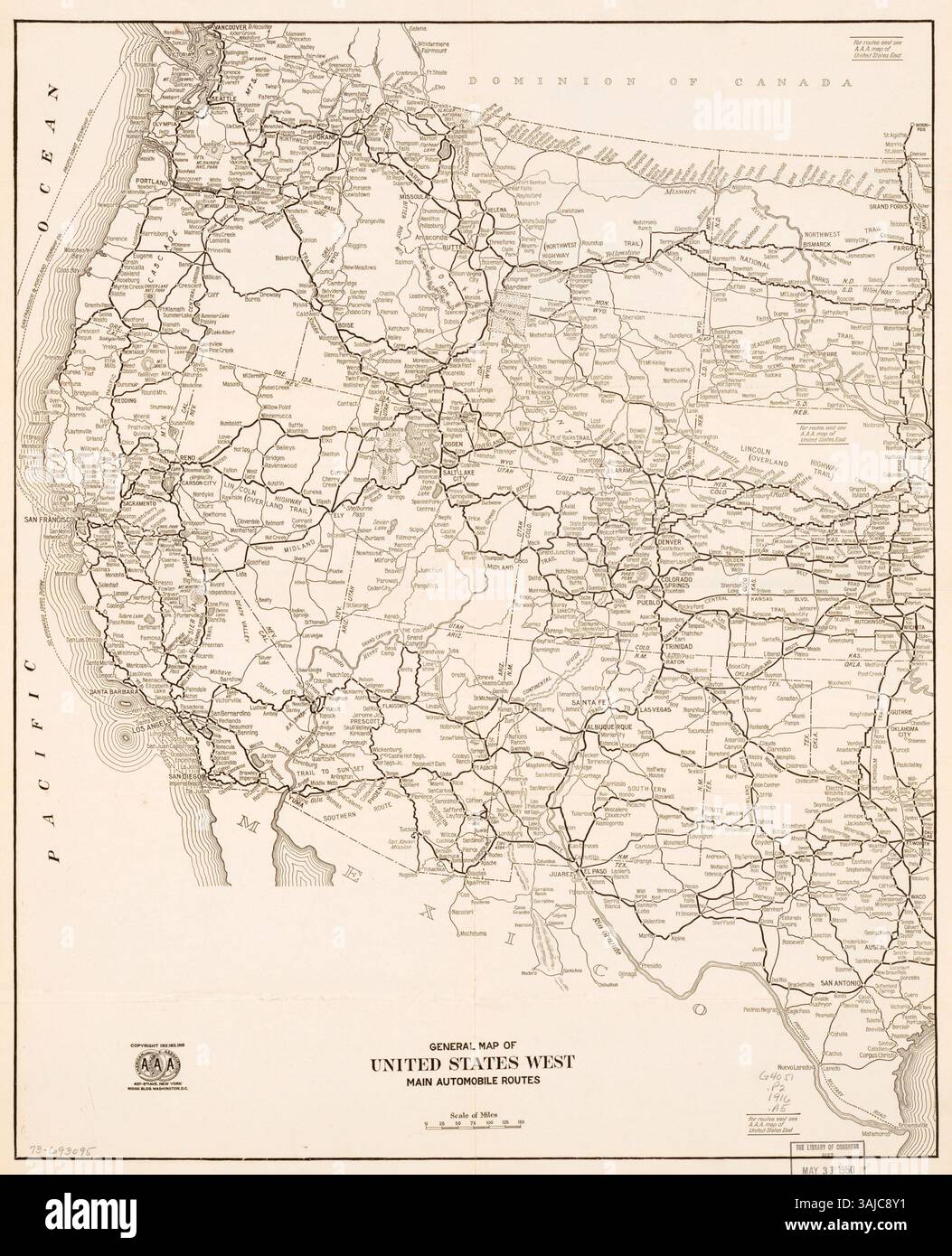 A 1916 map showing major automobile routes across the western United ...