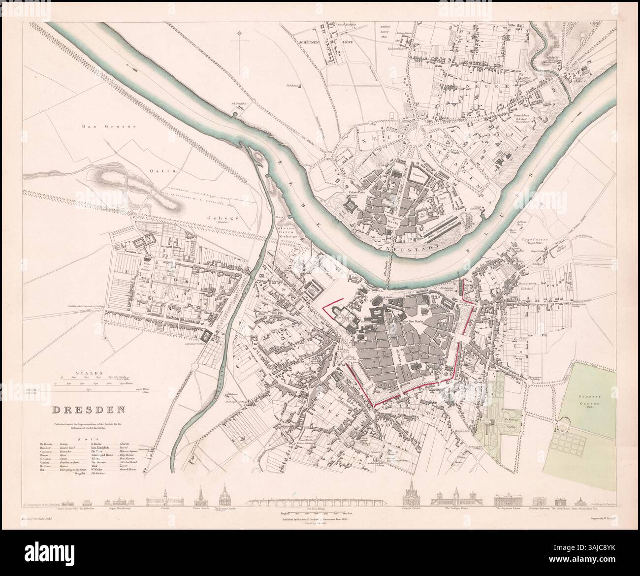 A map of Dresden from 1833, crafted by William Barnard Clarke ...