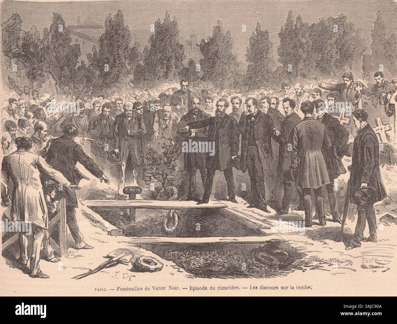 Victor Noir's death in 1870 and his memorial, depicted in Le Monde ...