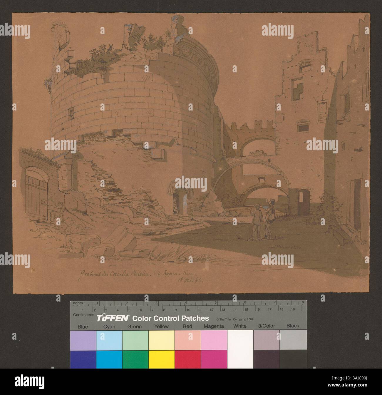 The depiction shows the tomb of Caecilia Metella, located along the Via ...