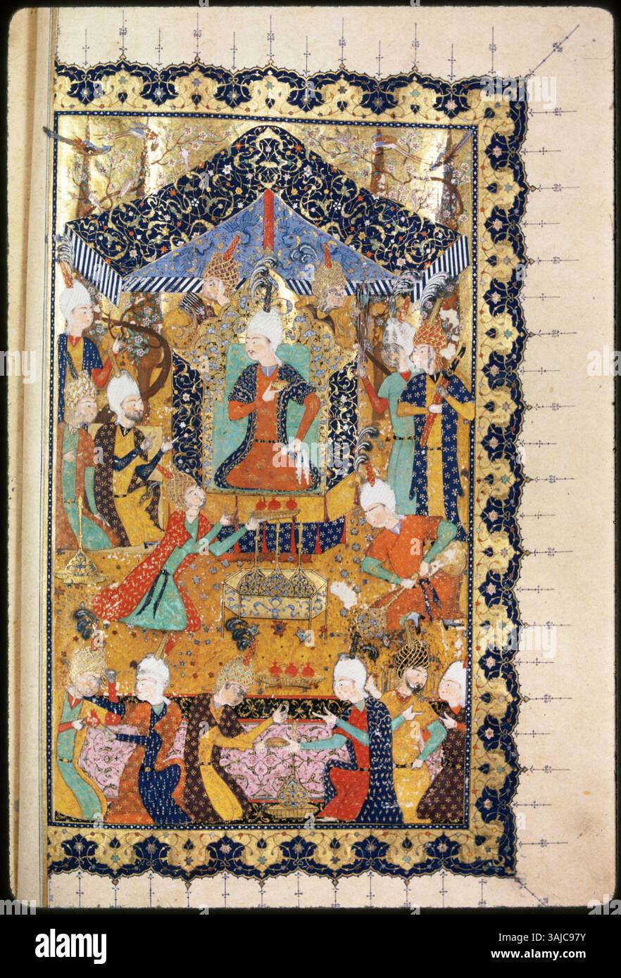 A double-page feast scene from the 1463 Khamsa of Amir Khosrow, showing ...
