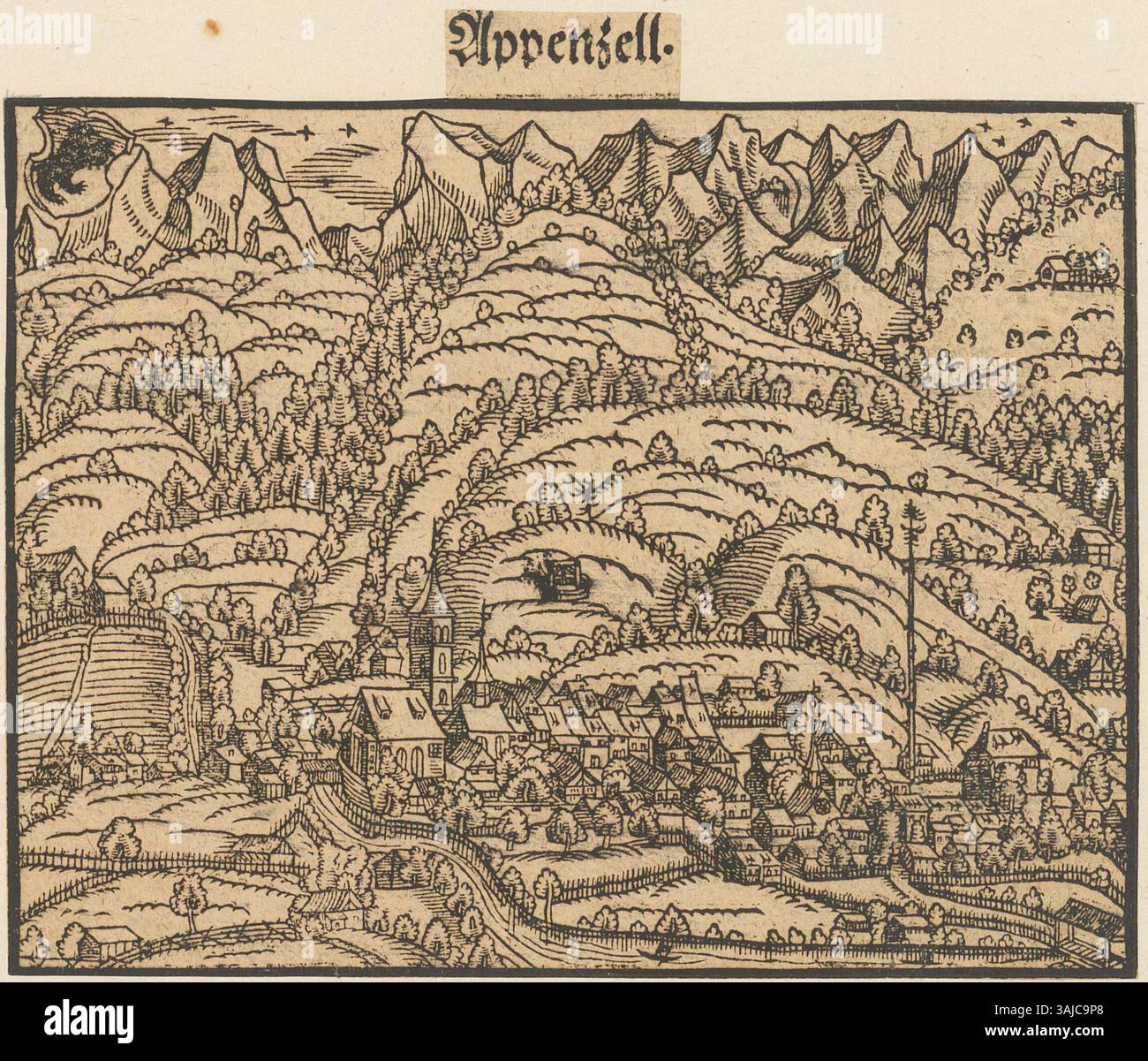 This 1576 woodcut print depicts the Swiss town of Appenzell, created by ...