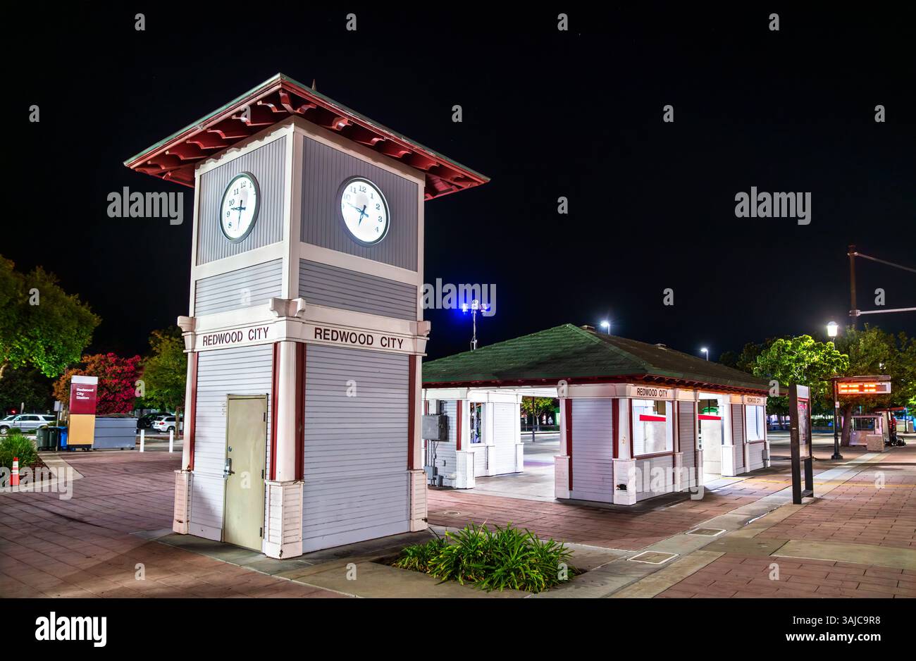 Historic clock tower at Redwood City train station at night in San ...