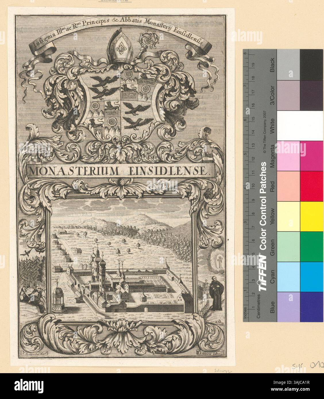 A 1702 etching depicting the Einsiedeln Monastery with acanthus leaves ...