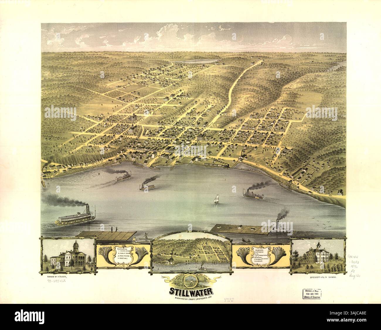 A 1870 panoramic sketch by Albert Ruger of Stillwater, Minnesota ...