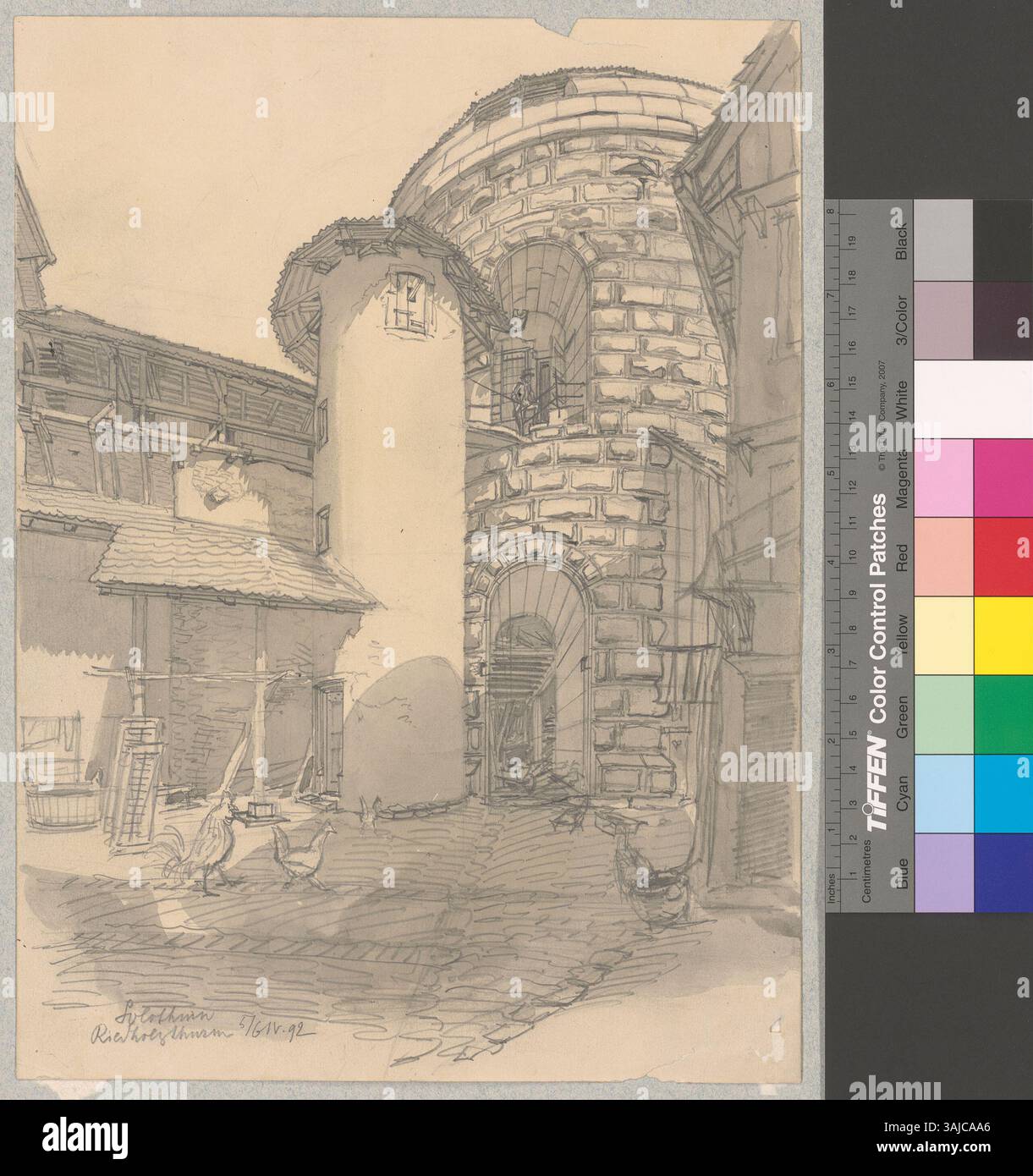 This 1892 illustration by Johann Rudolf Rahn depicts the Riedholz Tower ...