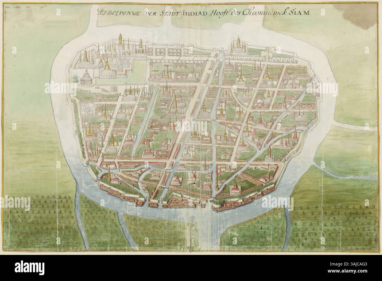 A bird's eye view map of the city of Iudiad (Ayutthaya), created around ...