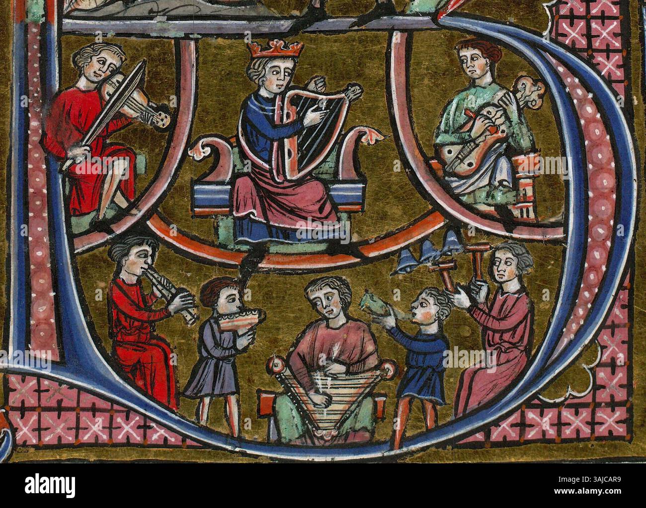 This 13th-century manuscript illumination depicts King David tuning his harp. It is part of a ...
