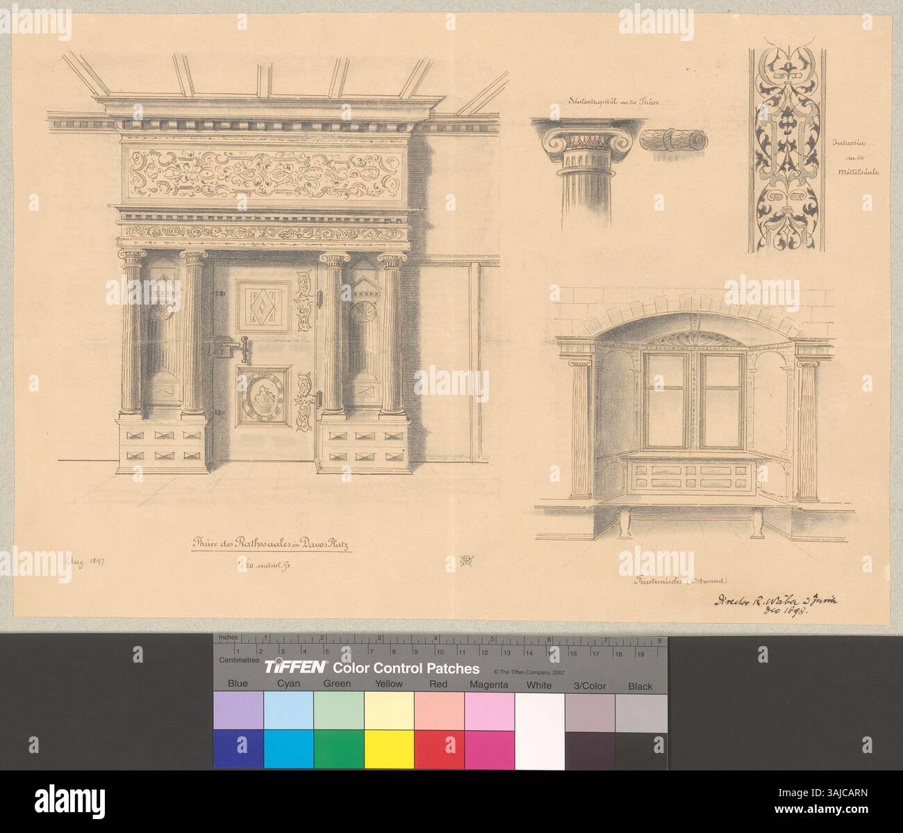 The depiction of the entrance area, column details, and a window niche ...