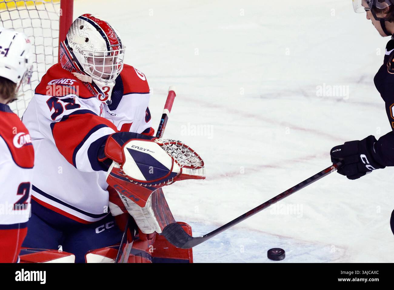 Lethbridge Hurricanes goalie Jackson Unger, lt, makes a save against ...