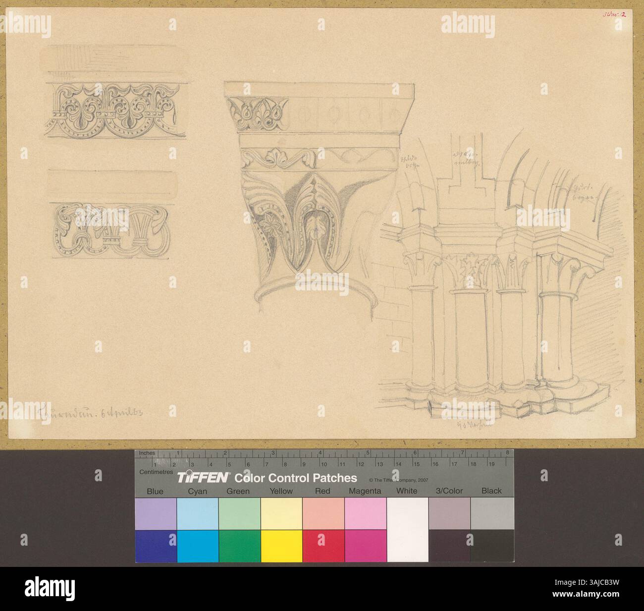 The image shows the capitals and pillars in the Romanesque collegiate ...