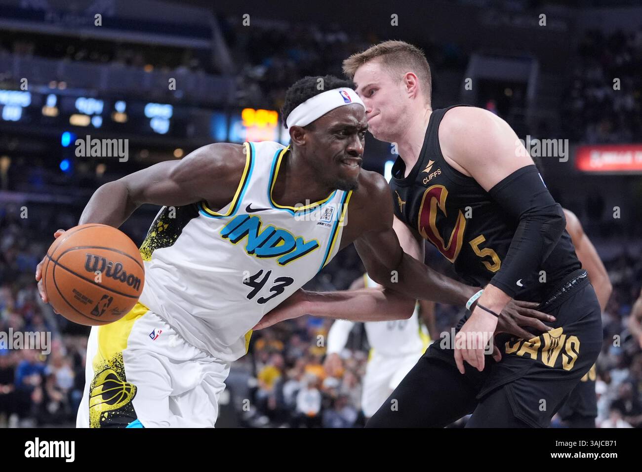 Indiana Pacers forward Pascal Siakam (43) drives on Cleveland Cavaliers ...