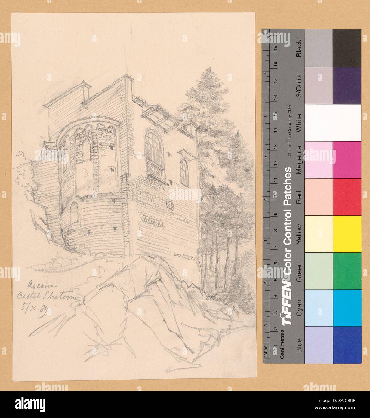 An 1889 drawing by Johann Rudolf Rahn depicting the exterior of the chapel of Castel S. Materno ...