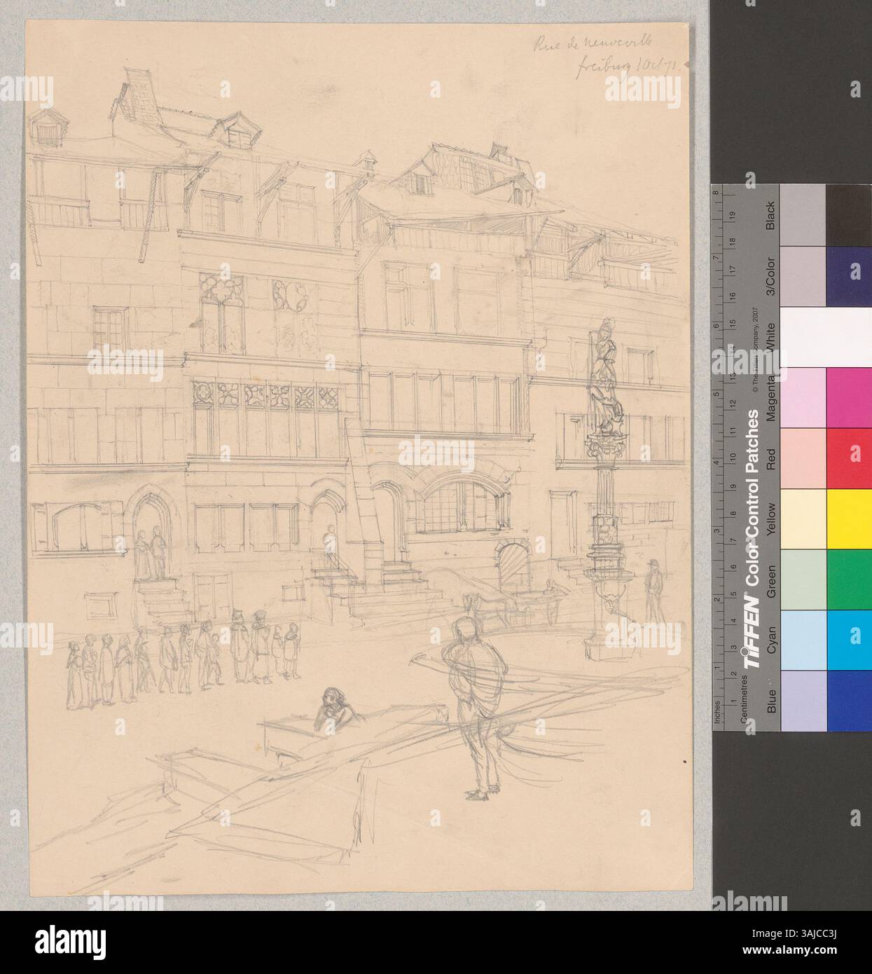 This 1871 drawing by Johann Rudolf Rahn shows a view of the houses along Rue de la Neuveville in ...