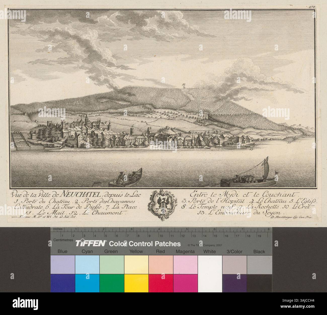 This etching portrays a view of the city of Neuchâtel from the lake ...