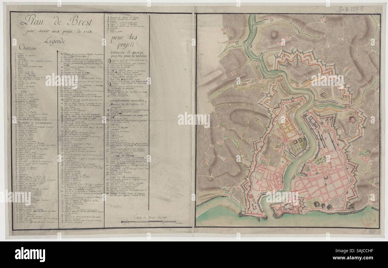 This 1768 plan of the city of Brest, France, outlines urban projects ...