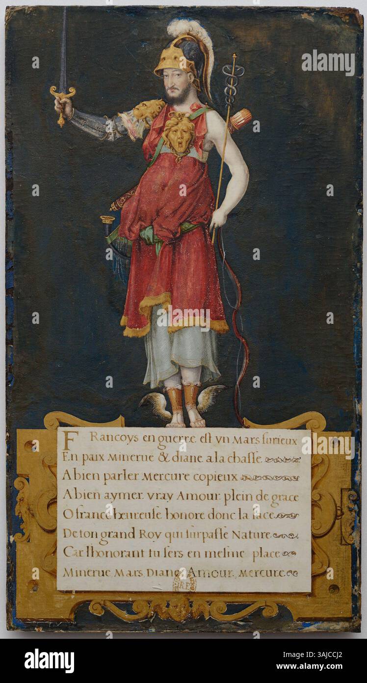 Manuscript illumination depicting François I in a composite deity form ...