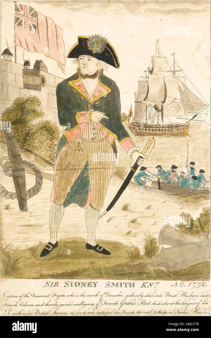 This 1793 pen and ink watercolor depicts Sir Sidney Smith, a British ...