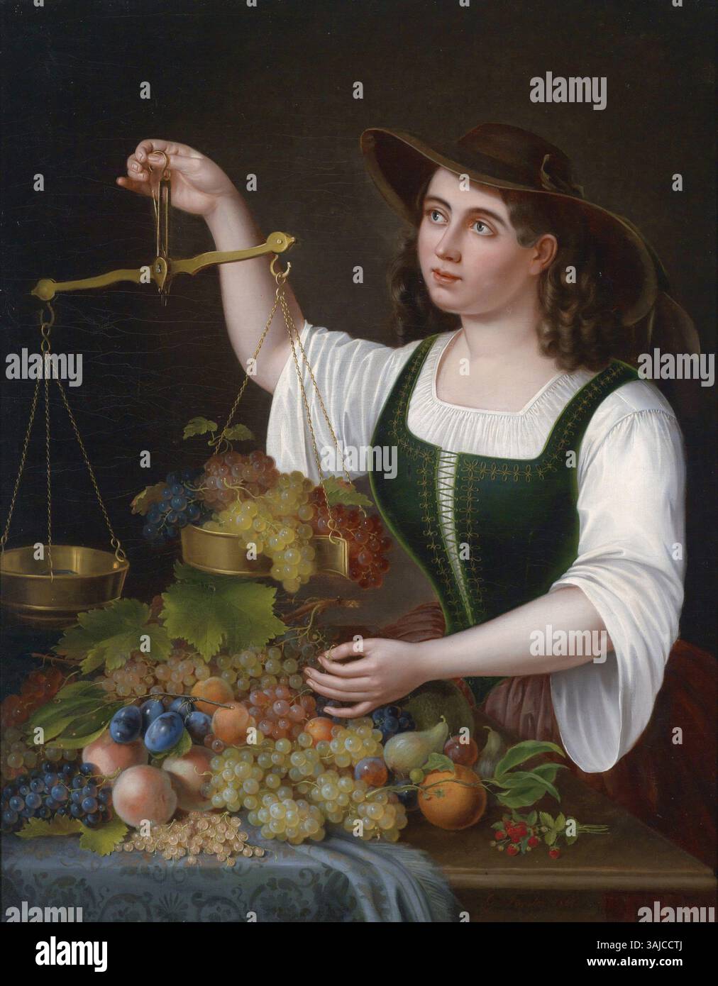 A painting by George Forster titled 'A Young Market Woman Weighing ...