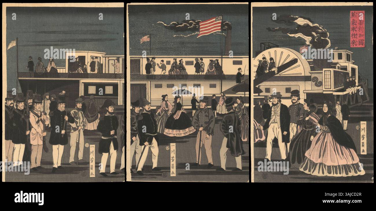 Japanese artist Utagawa Yoshikazu's 1861 woodblock print, 'The Comings ...