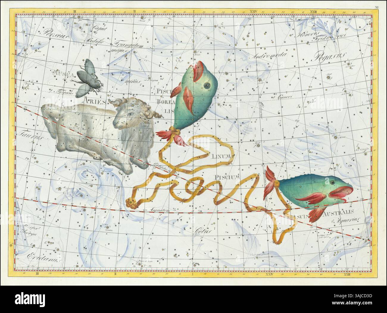 A star chart illustrating constellations and stars, including Aris ...