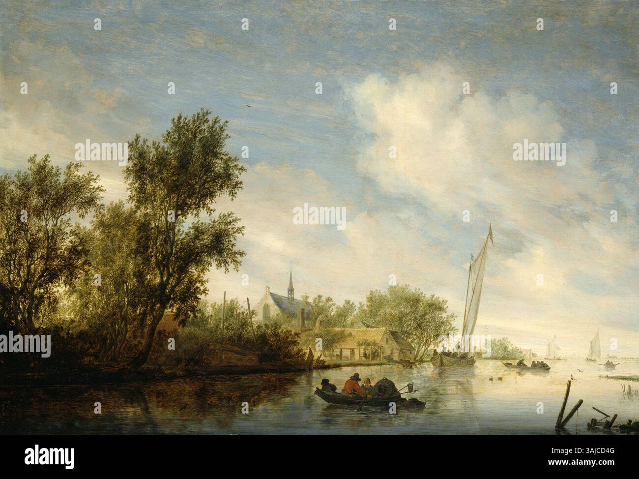 'Riverbank and Village' by Salomon van Ruysdael, painted circa 1645, captures a serene rural ...