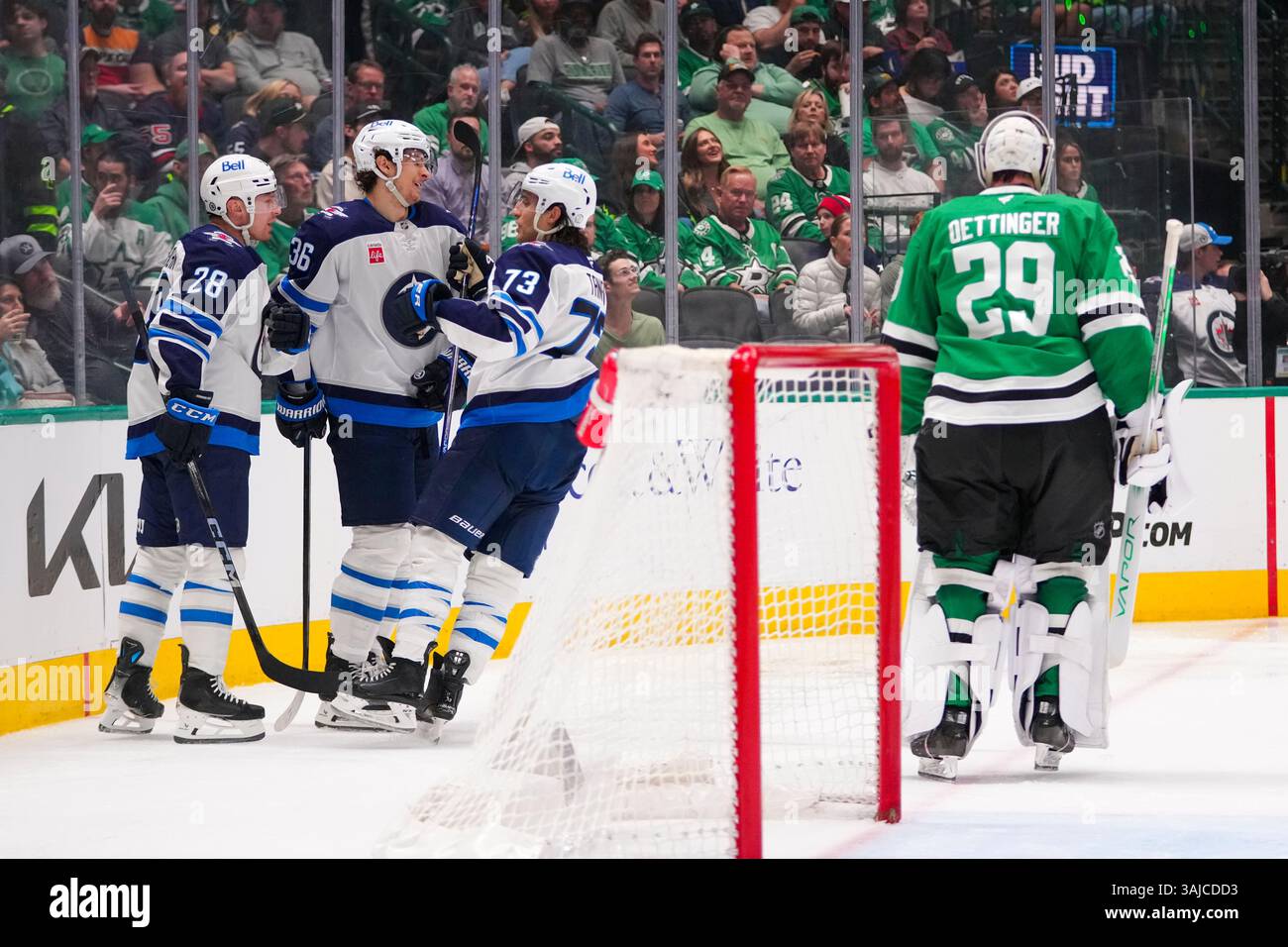 Dallas Stars goaltender Jake Oettinger (29) skates near his crease as ...