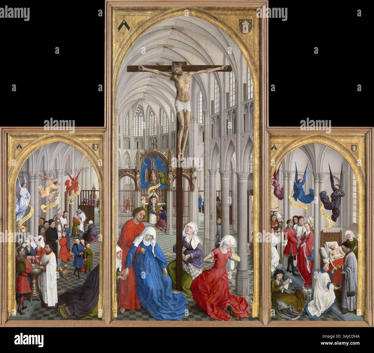Rogier van der Weyden’s 1445-1450 altarpiece 'Seven Sacraments' is a triptych depicting the ...