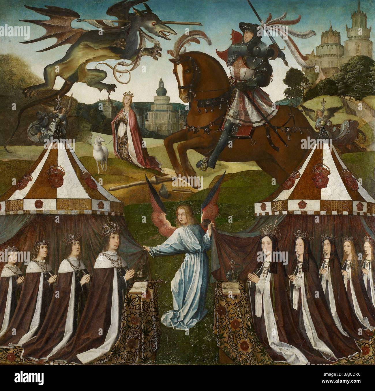 This 16th-century Flemish School painting depicts the Family of Henry VII with Saint George and ...